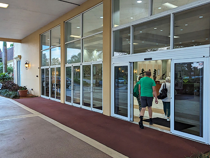 The welcoming entrance to community spaces &ndash; where friendships begin and the day's activities unfold behind glass doors.