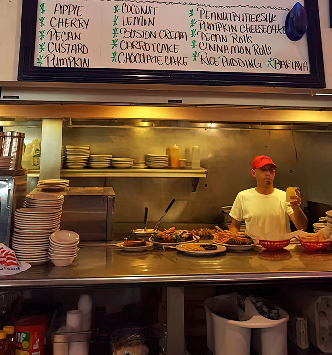 Behind the scenes magic where pies wait their turn while the dessert board promises sweet endings to your meal. Decisions, decisions.