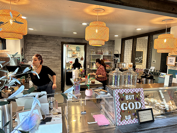 The bustling heart of brunch operations&mdash;where magic happens under woven pendant lights while pastries tempt from behind glass.