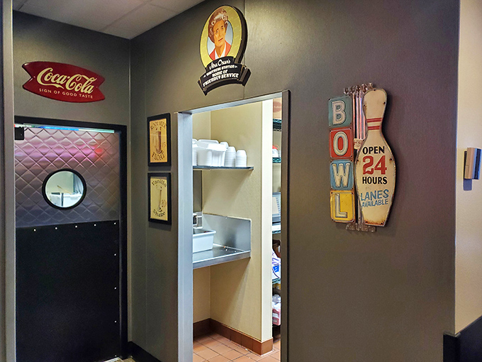 Even the kitchen entrance gets the nostalgic treatment with vintage signs. That "BOWL" sign isn't just decoration&mdash;it's a command I fully intend to obey.