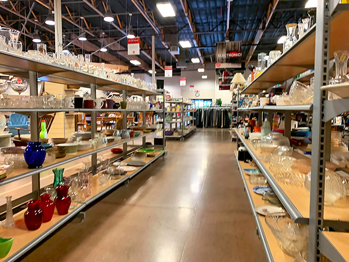 The glassware aisle&mdash;a crystal wonderland where vintage punch bowls and modern wine glasses peacefully coexist.