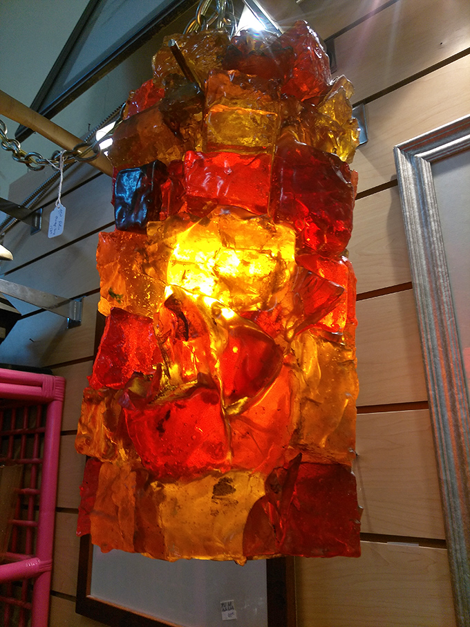 A pendant lamp that looks like it was assembled from sunset pieces. When lit, it transforms any room into a 1970s cocktail lounge.