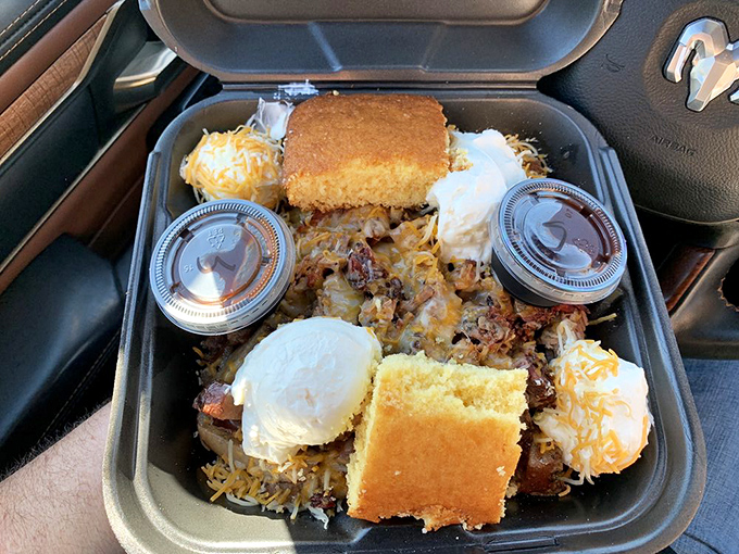 The Hog Trough travels well &ndash; this to-go container holds enough BBQ goodness to make your car smell like heaven all the way home.