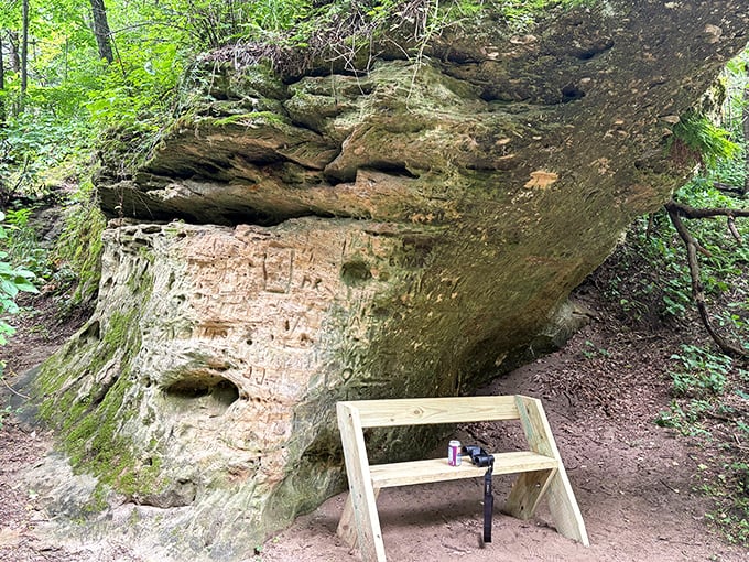 A moment of contemplation. This simple bench invites visitors to sit and absorb the ancient energy of this remarkable landscape.