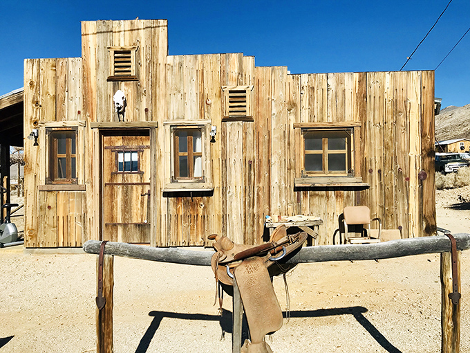 Weathered wood that's seen more California history than most textbooks. That saddle isn't decorative&mdash;it's transportation backup.