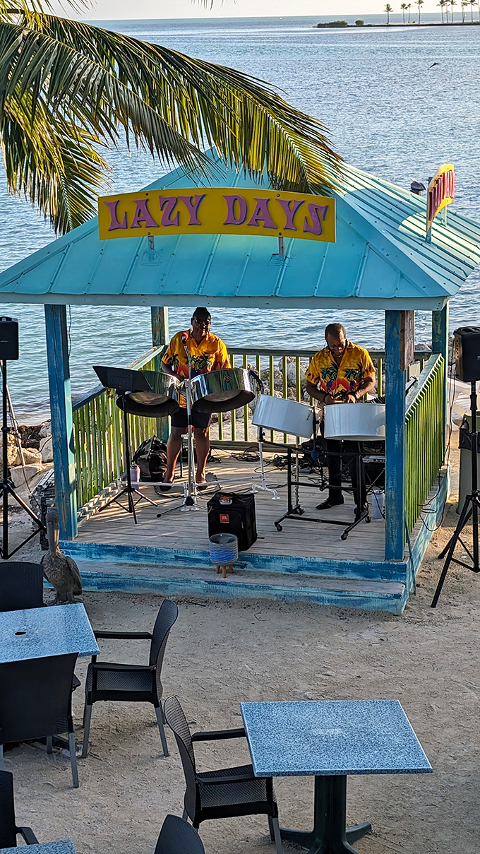 Island rhythms provide the soundtrack to your seafood feast. These musicians in their tropical shirts understand that steel drums make everything taste better.