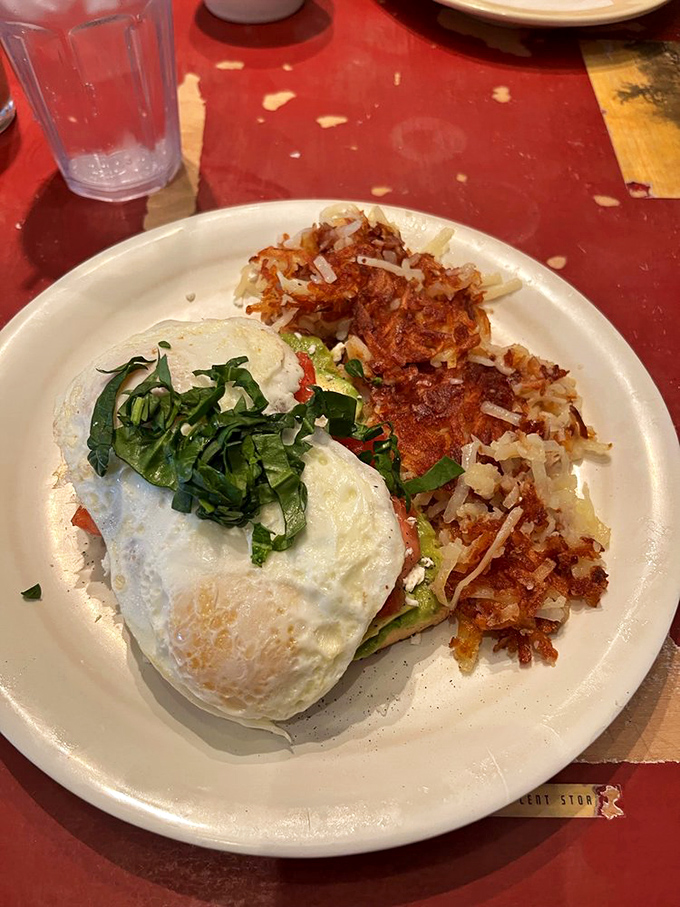 Avocado toast elevated to an art form with a perfectly fried egg crown. Even your millennial niece would approve of this masterpiece.