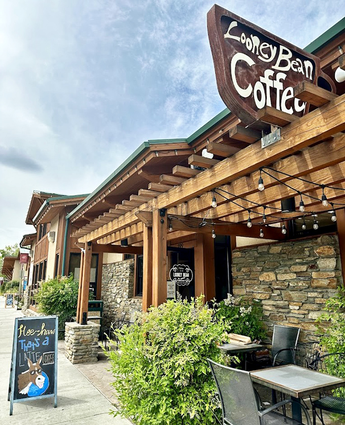 Looney Bean Coffee's wooden pergola invites you to linger over your latte while plotting your next mountain adventure.