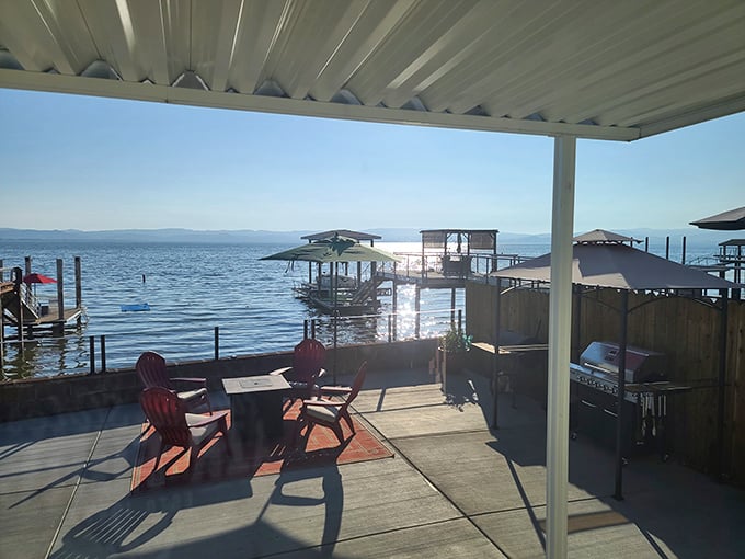 Lakeside patios where the entertainment is watching osprey dive for dinner. Nature's dinner theater beats Netflix any day.
