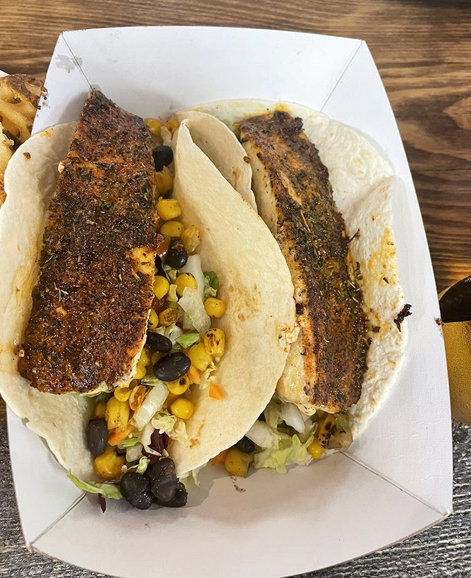 Blackened fish tacos that make Taco Tuesday feel like an international holiday. The corn and black bean salsa is playing all the right notes.