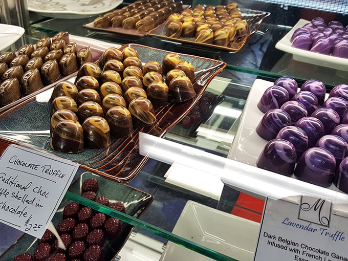 Matthew's chocolate display case tempts visitors with handcrafted truffles that would make Willy Wonka jealous.