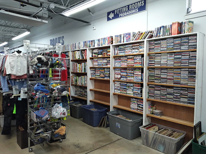 The media section &ndash; where forgotten DVDs, paperbacks, and video games await their cultural renaissance in someone's living room.