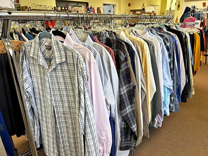 Men's shirts lined up like soldiers awaiting their next mission. That plaid button-down could be your next weekend warrior uniform.