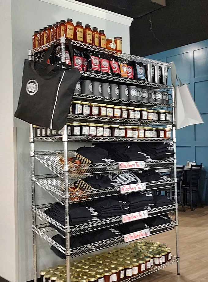 A merchandise display that says, "Yes, we're confident enough in our brand that you might actually want to wear our t-shirt in public."