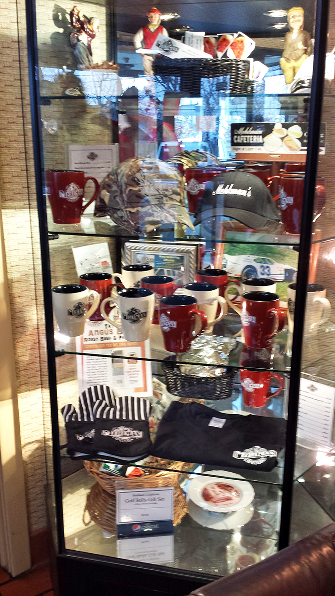 The merchandise display case proves Mehlman's isn't just a restaurant&mdash;it's an institution worthy of branded mugs and memorabilia. Souvenirs of satisfaction.