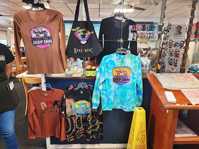 Beach-themed merchandise because nothing says "I ate amazing pancakes" like a tie-dye t-shirt with a jeep on it.
