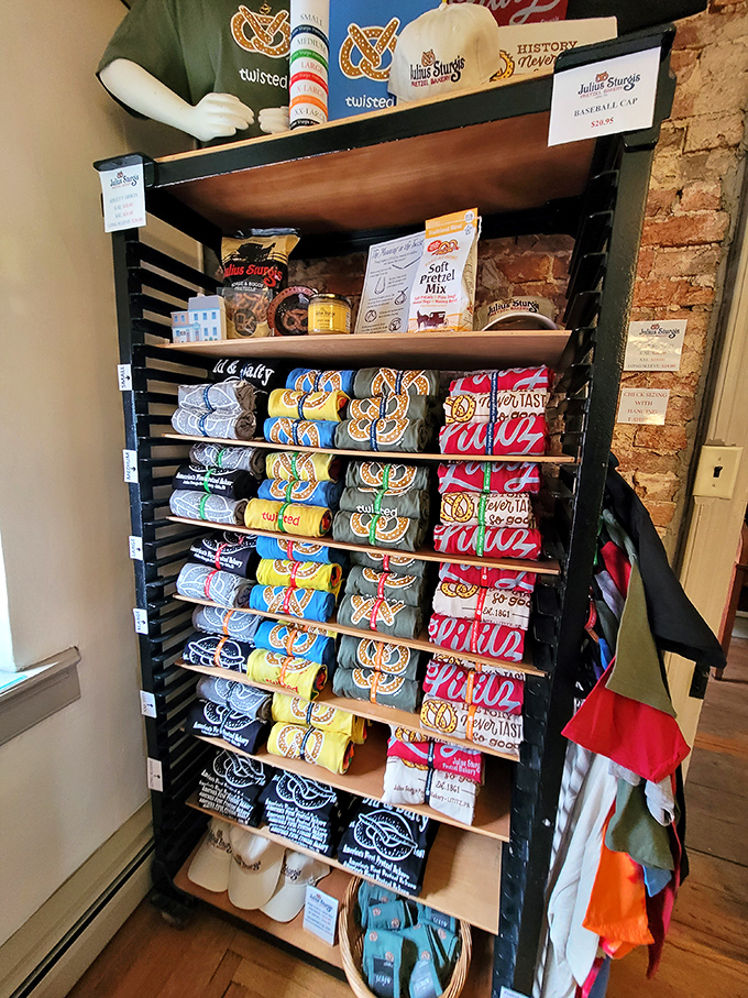 The merchandise wall: where pretzel passion becomes fashion statement. Because nothing says "I have excellent taste" quite like wearing your favorite snack.