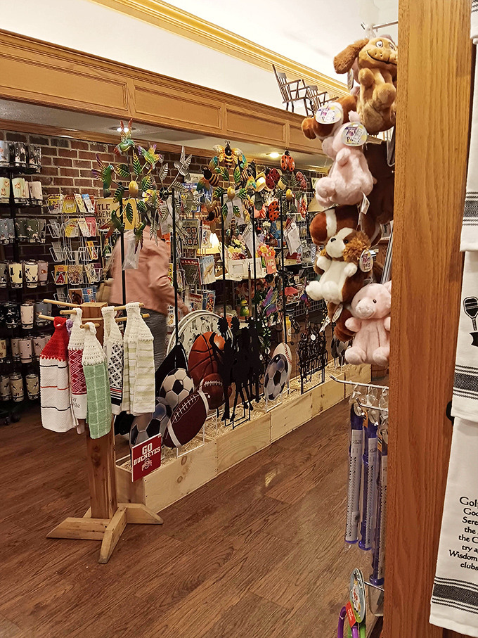 The gift shop offers treasures that somehow seem completely necessary after a satisfying meal. Those stuffed animals are judging your restraint.