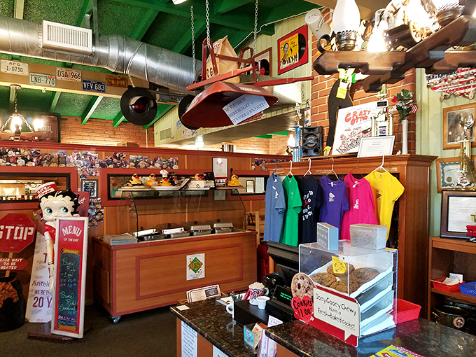 Merchandise corner where you can take home a souvenir&mdash;because sometimes a t-shirt is the only proof you didn't dream that massive omelet.