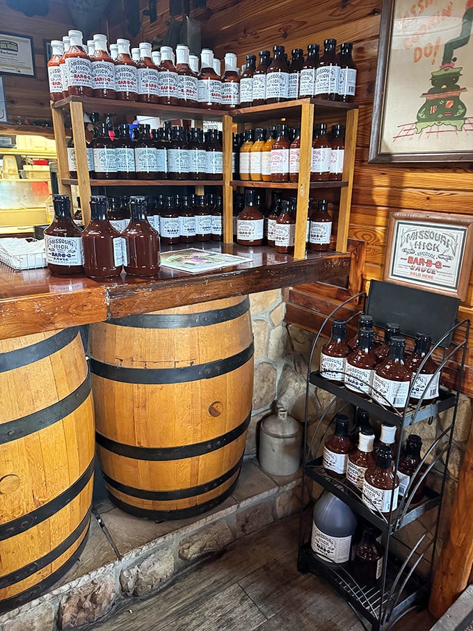 Sauce heaven exists! This barrel-lined display offers liquid gold in bottles&mdash;take home the magic to elevate your backyard barbecue game.