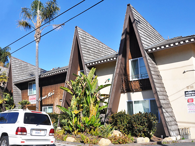 The A-frame architecture of Mono Kai Apartments recalls a time when California beach towns embraced quirky designs that screamed "vacation vibes all year round."