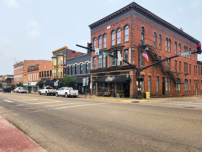Corner buildings with their distinctive architectural details anchor Monroe Street, where fire escapes zigzag against brick like urban sculpture.
