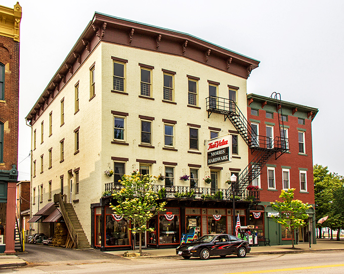 Morris Hardware's multi-story building with its classic True Value sign reminds us that in small towns, the hardware store is more community center than retail space.