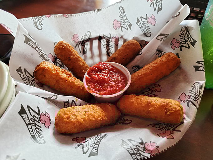 Mozzarella sticks arranged like edible Lincoln Logs around a pool of marinara. The perfect starter or, let's be honest, a perfectly acceptable meal.