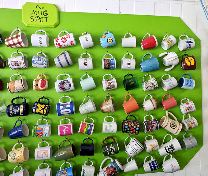 The "Mug Spot" wall&mdash;where coffee cups go to become celebrities. Each mug tells a story, much like the diners who've passed through these doors.