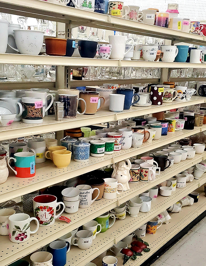 The mug section: a ceramic library where coffee vessels wait patiently to become your new favorite morning companion.