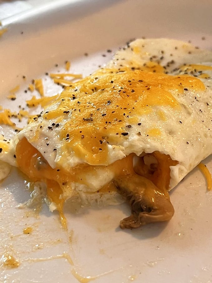 This isn't just an omelet; it's a treasure chest filled with mushrooms and melted cheese. The kind of breakfast that makes you want to cancel your lunch plans.