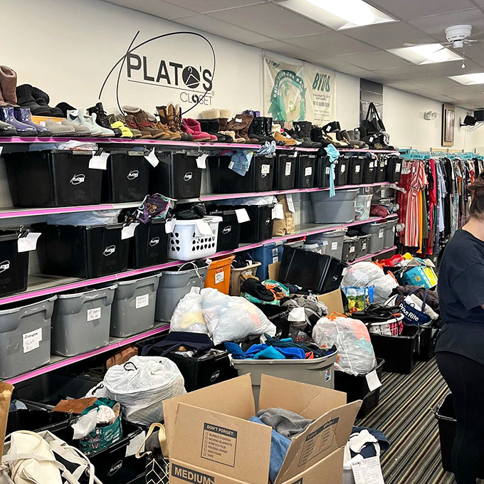 Behind-the-scenes glimpse of inventory management. Like Santa's workshop, but for fashion-forward bargain hunters instead of elves.