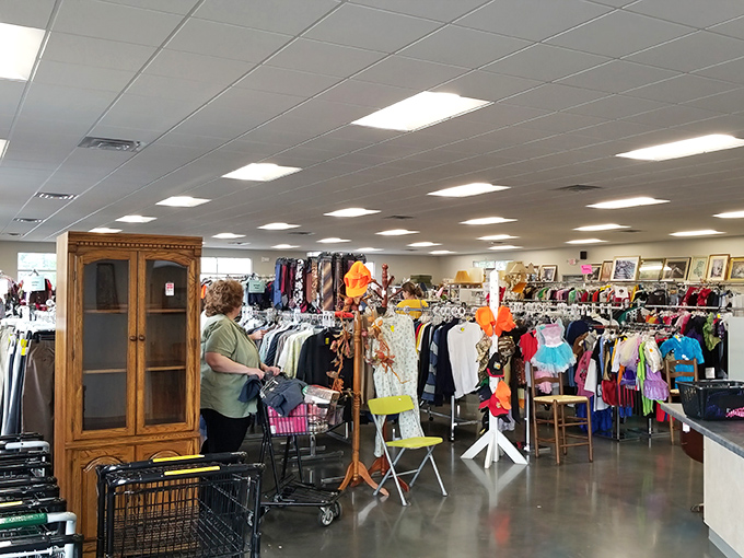 Wide aisles and thoughtful organization make browsing a pleasure rather than the treasure hunt often associated with thrift shopping.