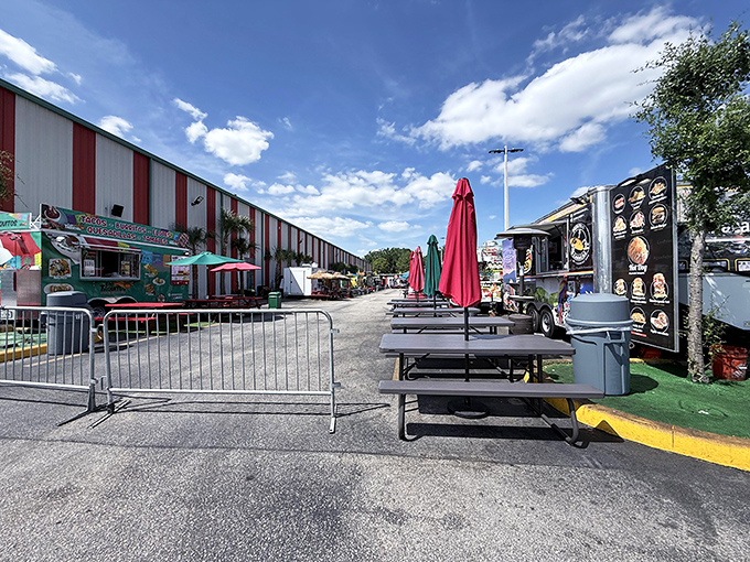 The outdoor food court offers a sunny respite from shopping, where food truck flavors compete for your attention.
