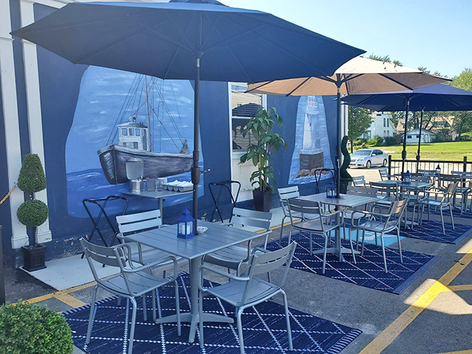 The outdoor seating area offers nautical vibes without the seasickness&mdash;those umbrellas are for sunshine, not sudden squalls.