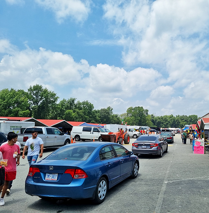 The outdoor market buzzes with weekend energy under Carolina blue skies, where cars and shoppers navigate the treasure-hunting dance.
