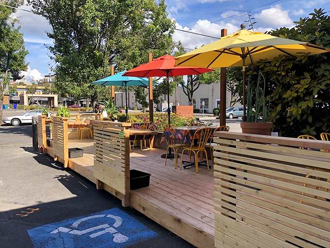 Outdoor dining with a splash of color from those umbrellas&mdash;Portland sunshine is rare enough to deserve this kind of celebration.