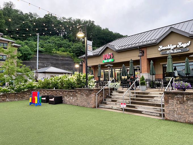 Outdoor seating with string lights creates that "vacation dinner" feeling, even if you're just fifteen minutes from home. Ambiance without airfare.