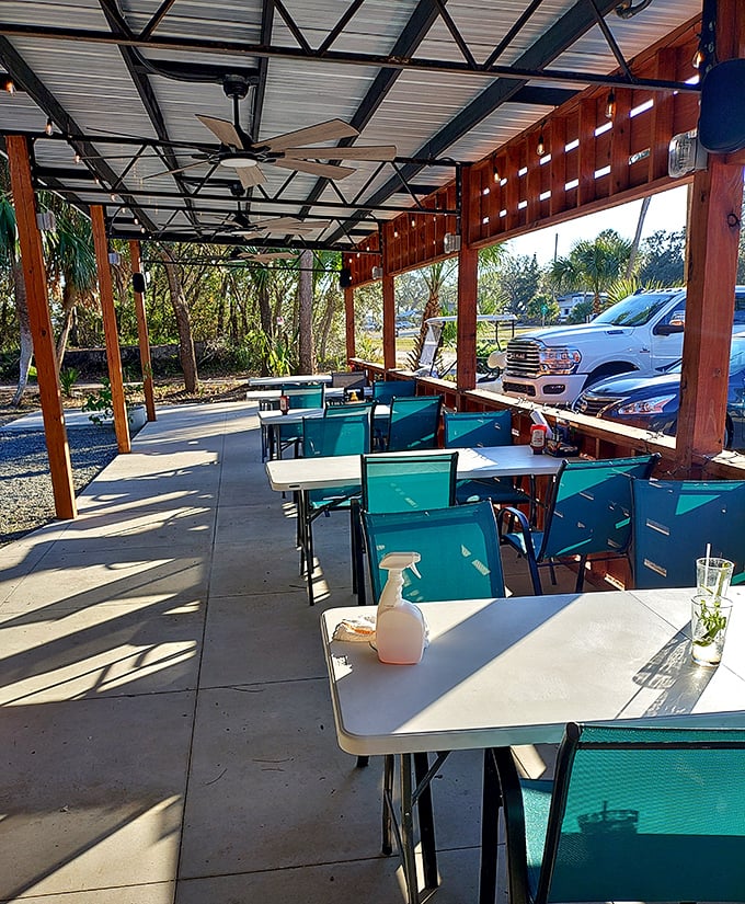 Covered outdoor seating where Gulf breezes enhance every bite. Florida dining as it should be&mdash;casual, comfortable, and connected to nature.
