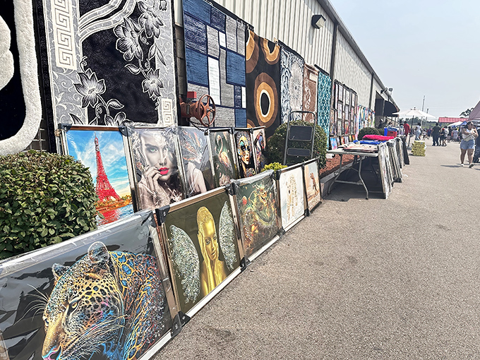 Art for every taste lines the outdoor walkway&mdash;from majestic big cats to abstract splashes of color that might just match your couch.