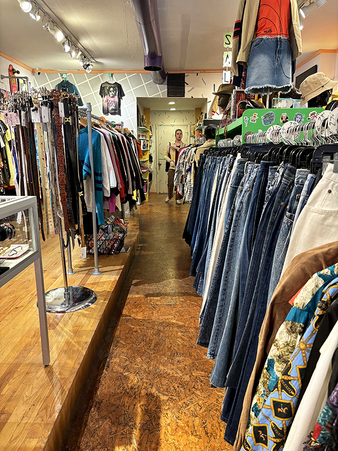 Denim heaven stretches as far as the eye can see, each pair of high-waisted jeans holding the promise of looking like your favorite sitcom character.
