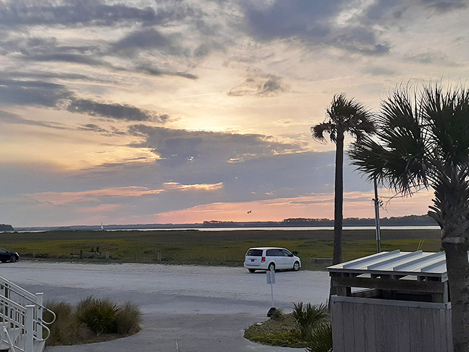 The golden hour transforms even parking lots into something magical. Sunset at Folly Beach makes everything look like a movie scene.