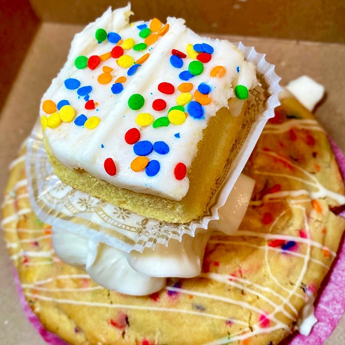 Confetti sprinkles dancing atop vanilla frosting&mdash;this cake square brings birthday joy regardless of whether you're celebrating anything beyond making it to the bakery.