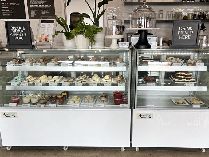 A display case that tests your willpower with each glance&mdash;these aren't just desserts, they're edible works of art.