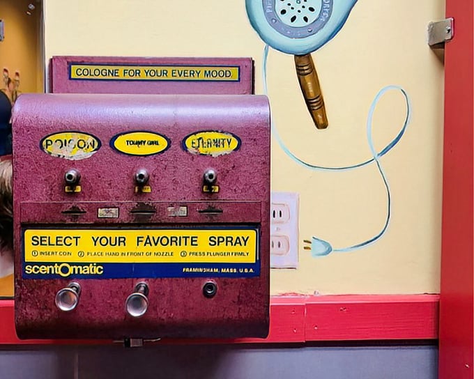 Even the bathroom amenities scream retro charm&mdash;a vintage cologne dispenser offering scents that transport you straight back to 1965.