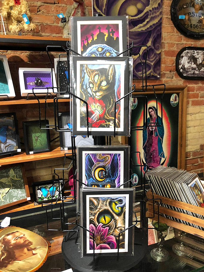 Art that stares back at you: mystical creatures and otherworldly eyes that somehow follow you around the shop, daring you not to take them home.
