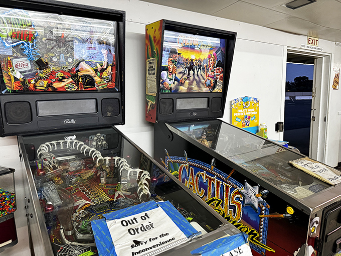 Vintage pinball machines offer pre-show entertainment, because waiting for sunset should be fun too.