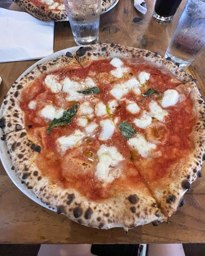 The Pizza Della Casa &ndash; where fresh mozzarella melts into bright tomato sauce like old friends reuniting after too long apart.