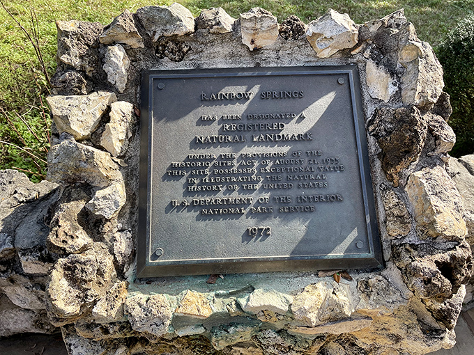 History set in stone: this plaque reminds us that Rainbow Springs' beauty has been officially impressive since 1972.