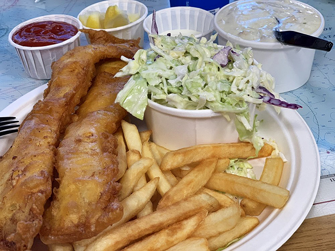The full Harbor experience&mdash;crispy fish, golden fries, creamy coleslaw, and all the sauces. This plate is why elastic waistbands were invented.